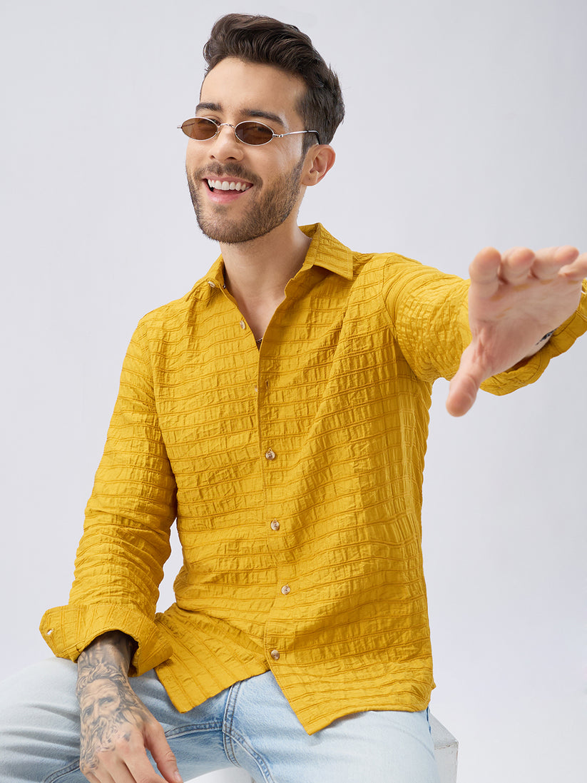 Sunlit Mustard Crinkled Jacquard Shirt – Vastrado